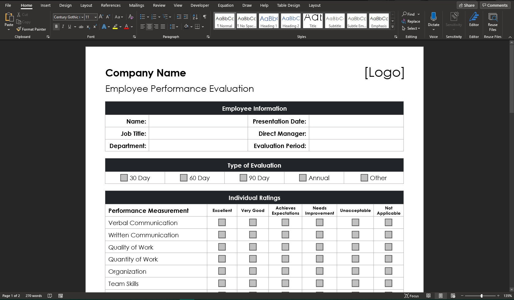MS Word-employee Performance Evaluation Template - Etsy