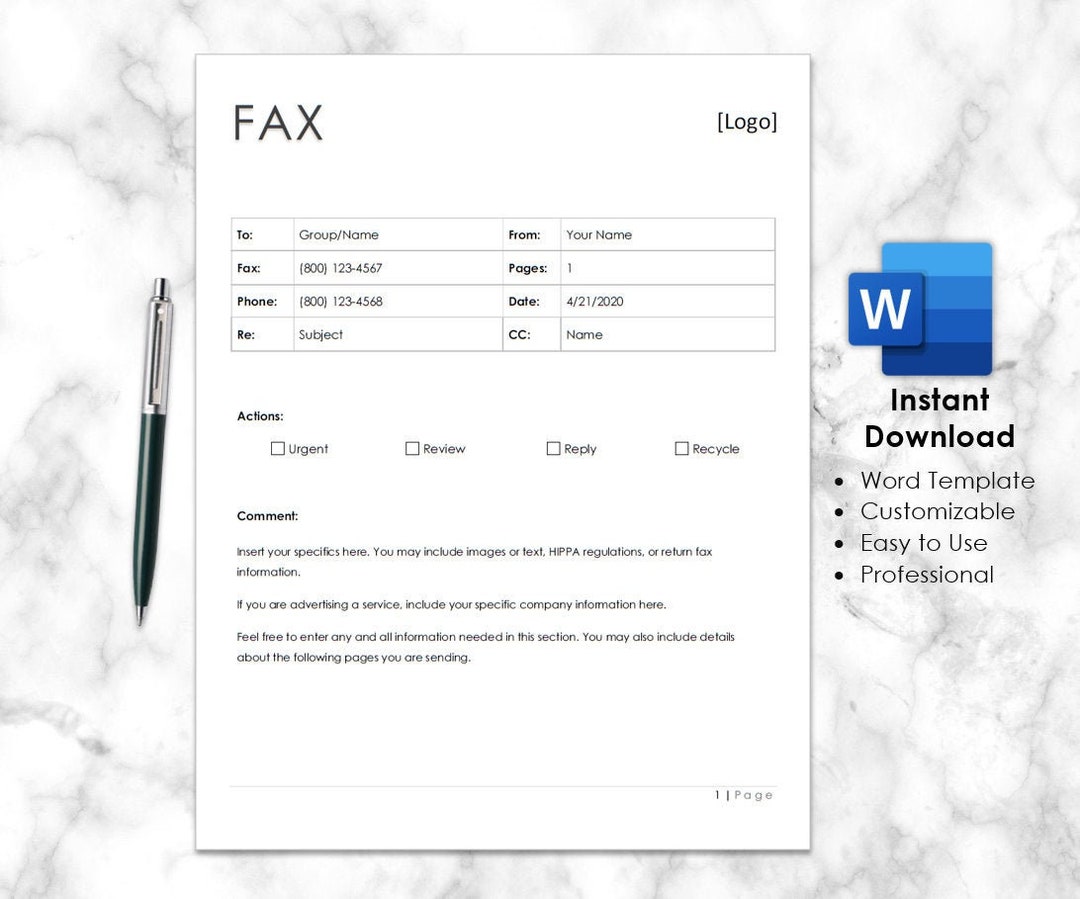 MS Word-fax Cover Sheet Template - Etsy Canada