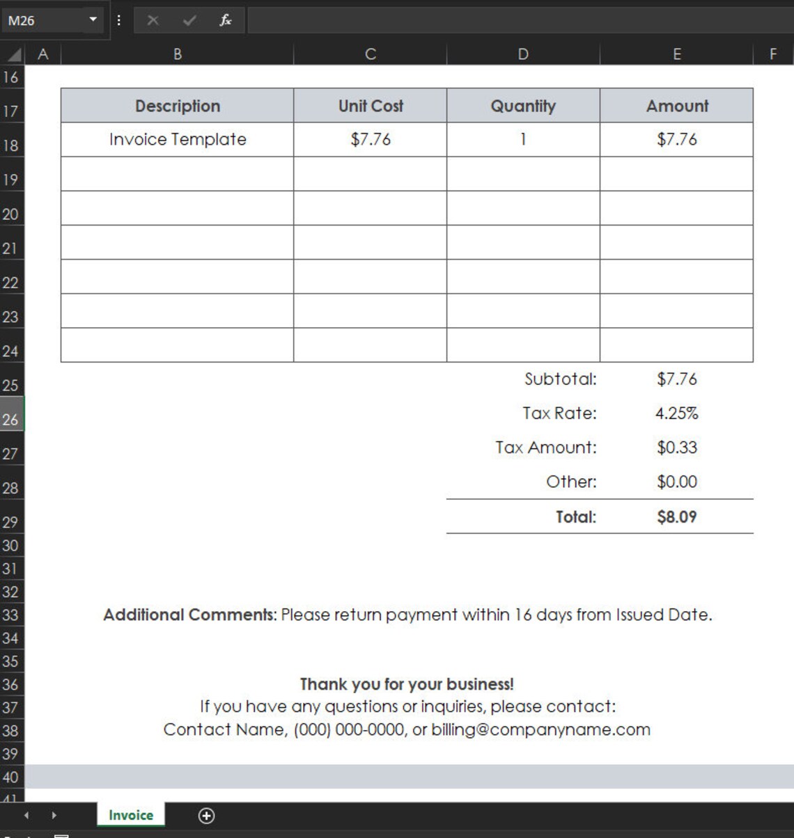 MS Excel Invoice Template Spreadsheet - Etsy