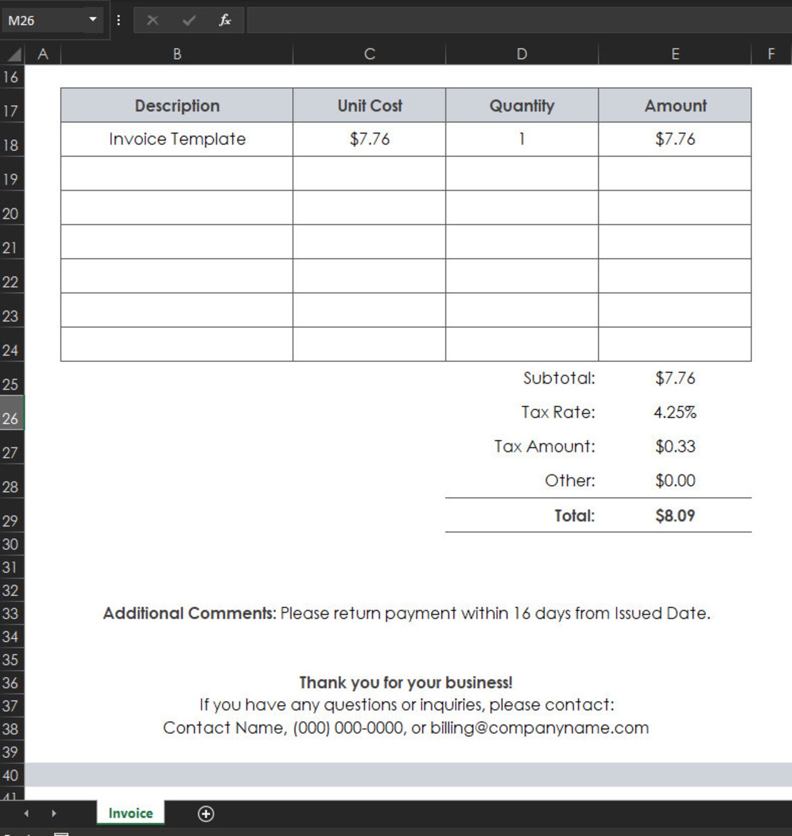 MS Excel Invoice Template Spreadsheet - Etsy