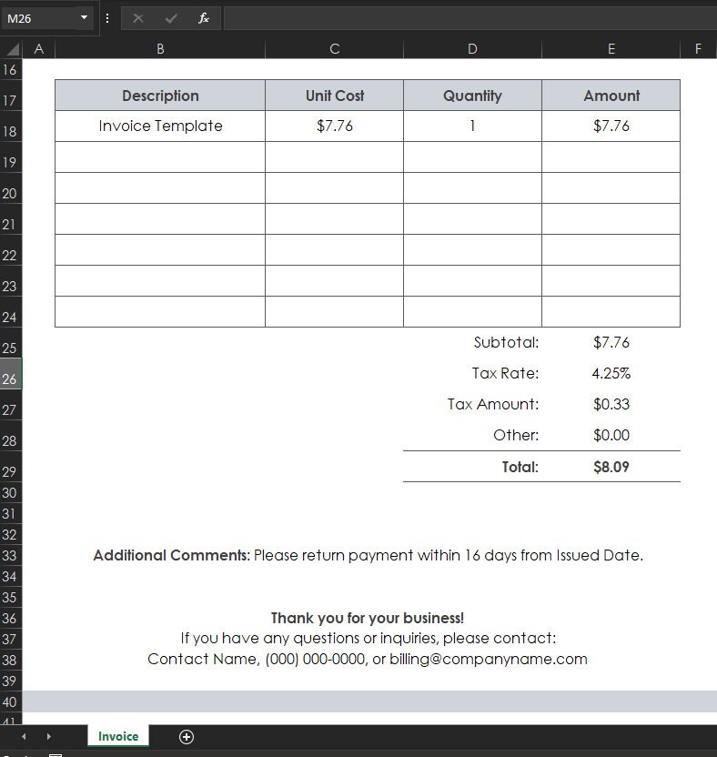 MS Excel Invoice Template Spreadsheet - Etsy
