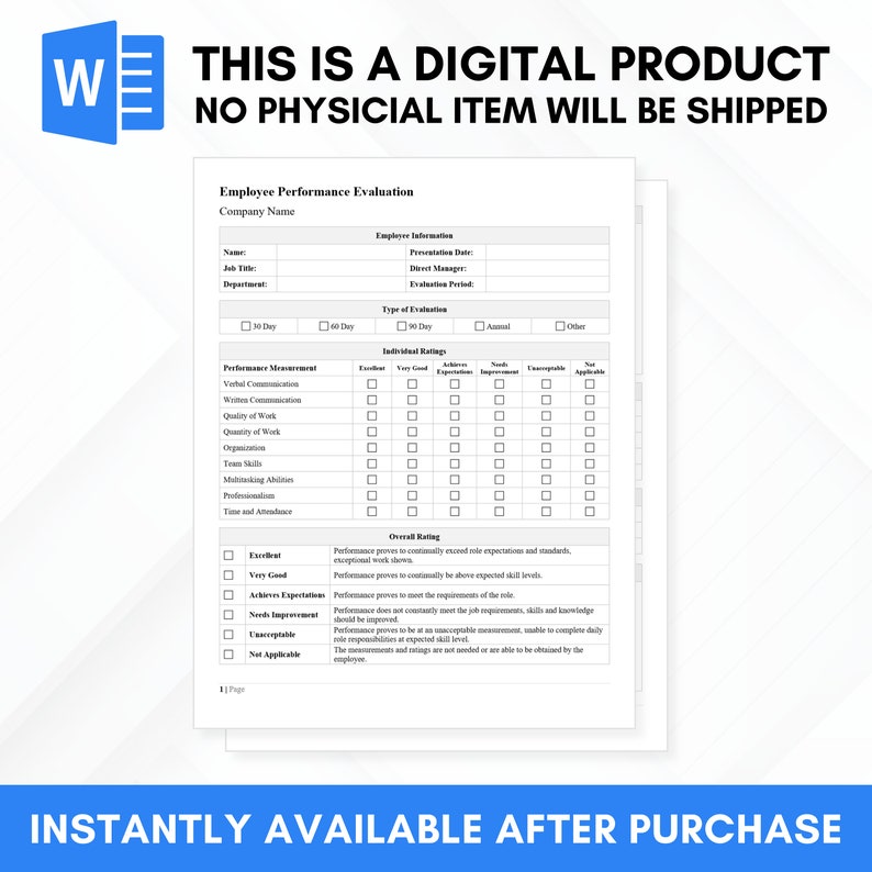 Employee Performance Evaluation Template (microsoft Word) - Etsy