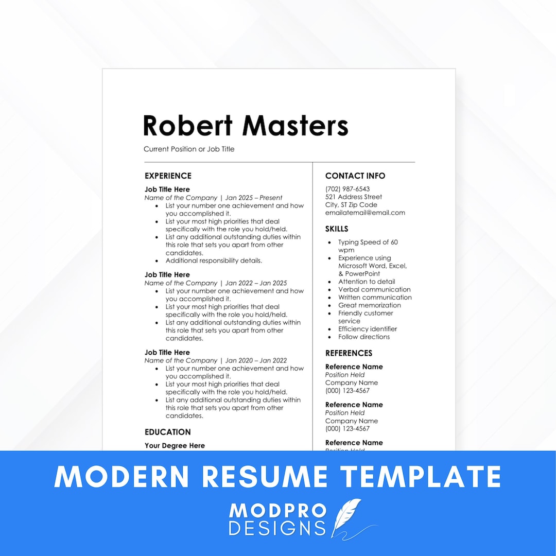 Resume Template (professional Word Document Modern Customizable PDF ...