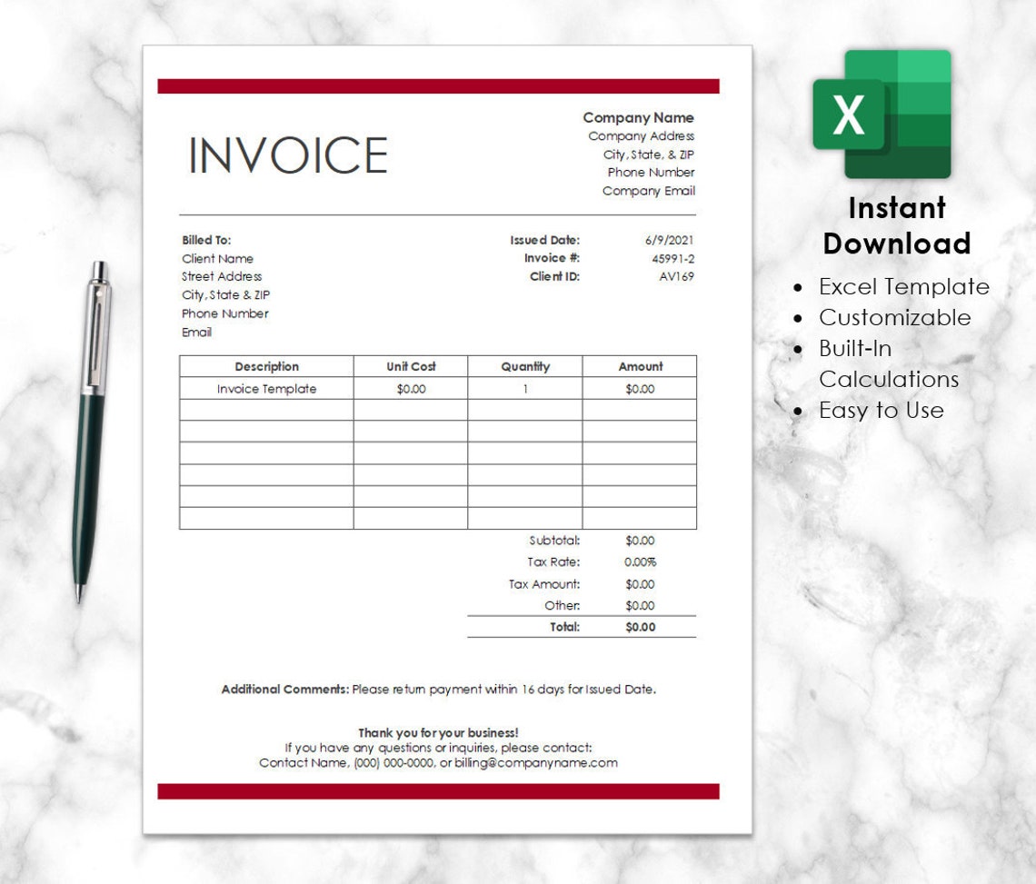 MS Excel Invoice Template Spreadsheet - Etsy