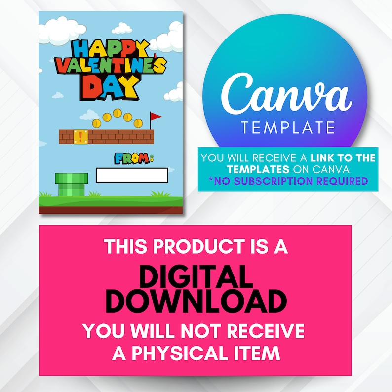 Super Mario Bros Valentines Day Cards digital Download, Canva Template ...