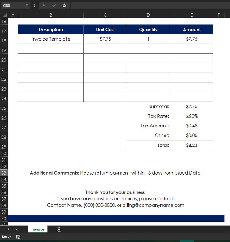 MS Excel Invoice Template Spreadsheet - Etsy
