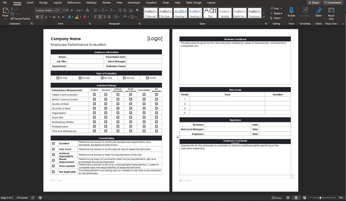 MS Word-employee Performance Evaluation Template - Etsy