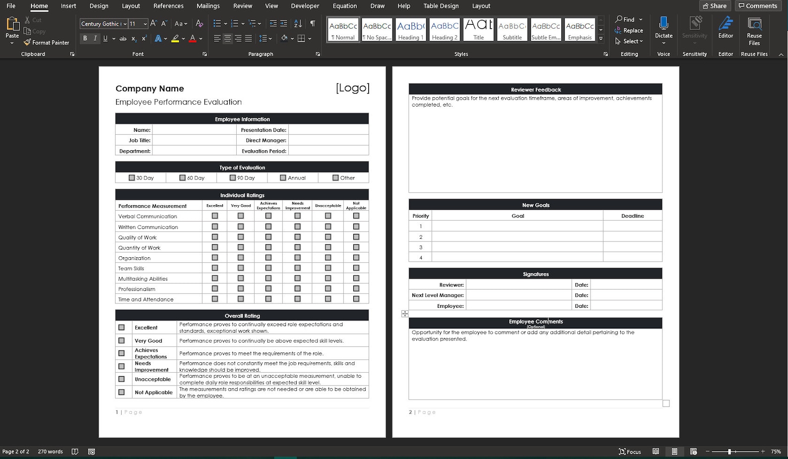 MS Word-employee Performance Evaluation Template - Etsy
