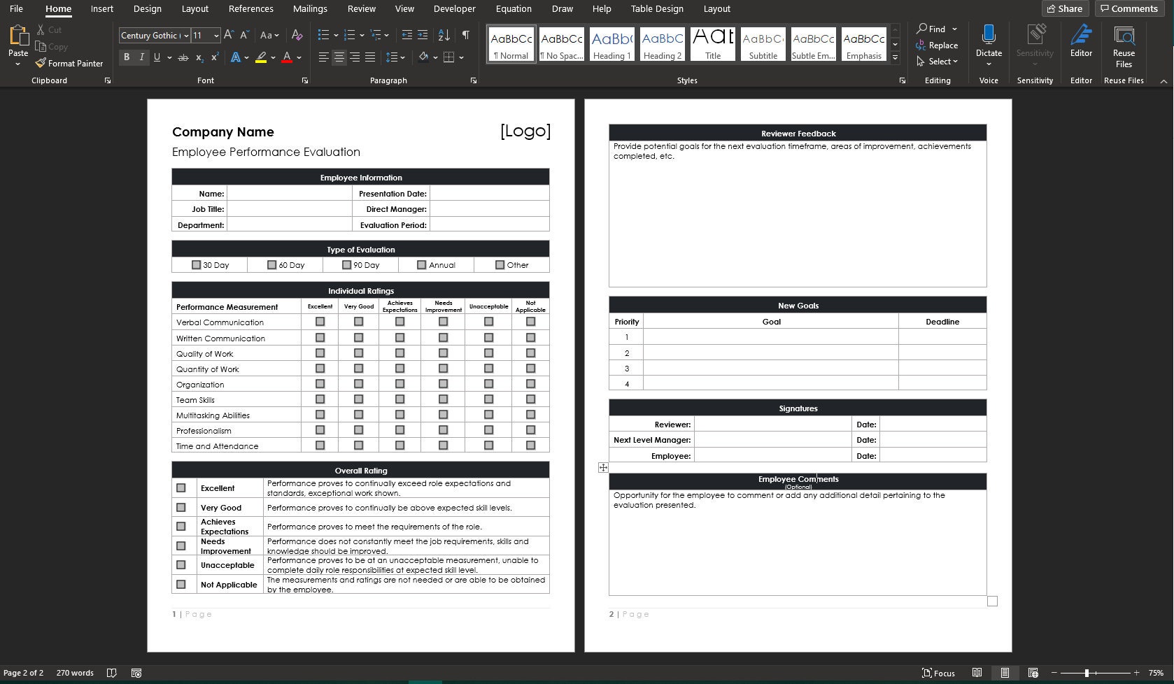 MS Word-employee Performance Evaluation Template - Etsy