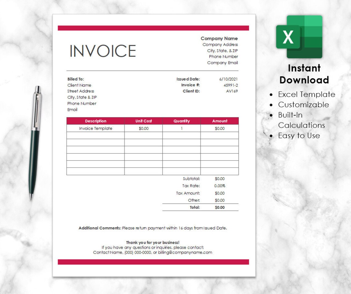MS Excel Invoice Template Spreadsheet - Etsy