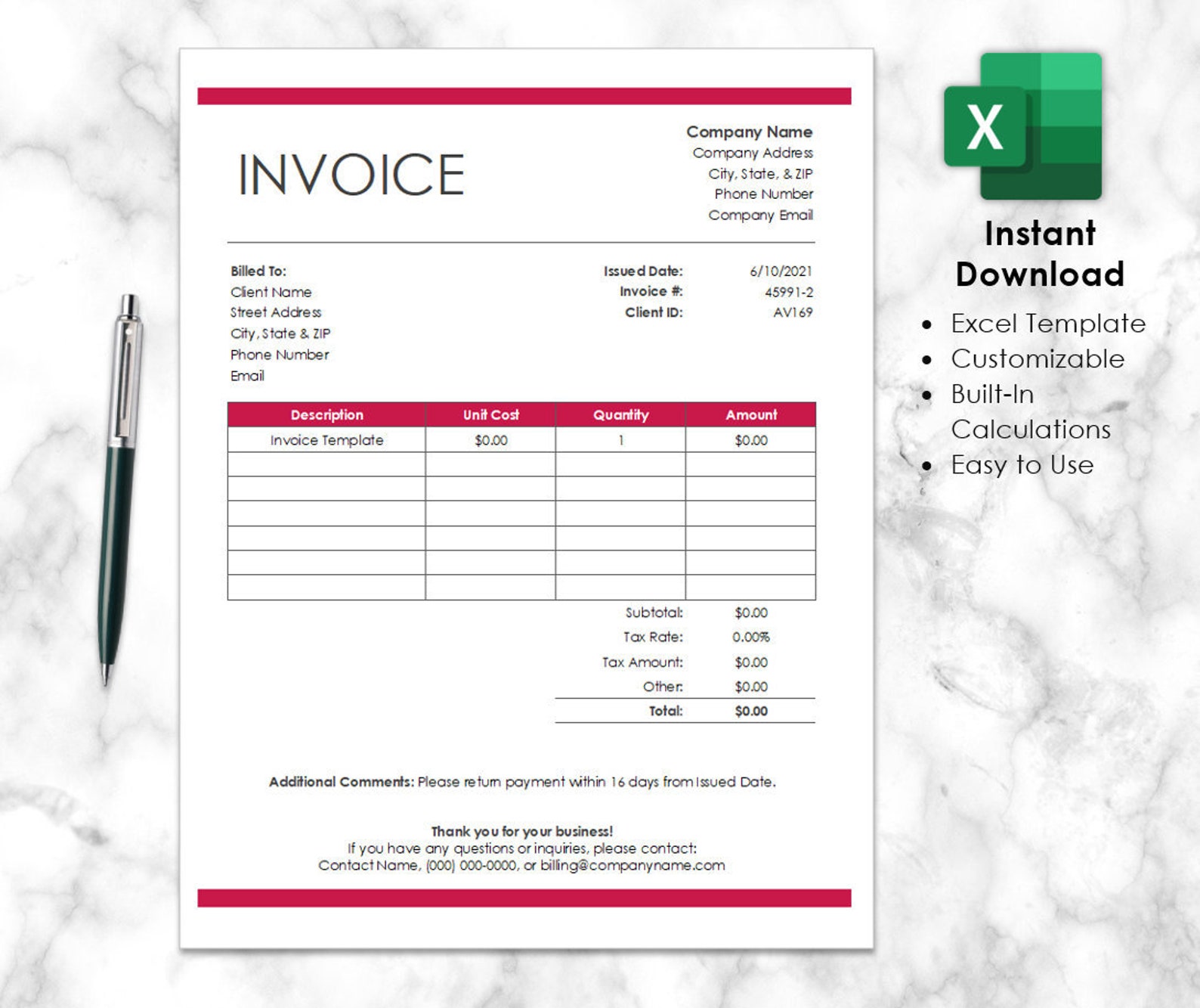 MS Excel Invoice Template Spreadsheet - Etsy