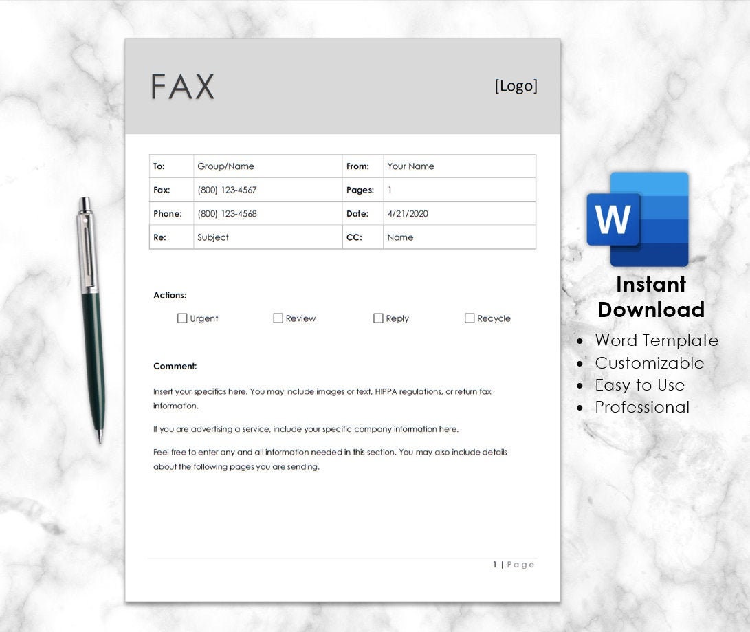MS Word-professional Fax Cover Sheet Template - Etsy