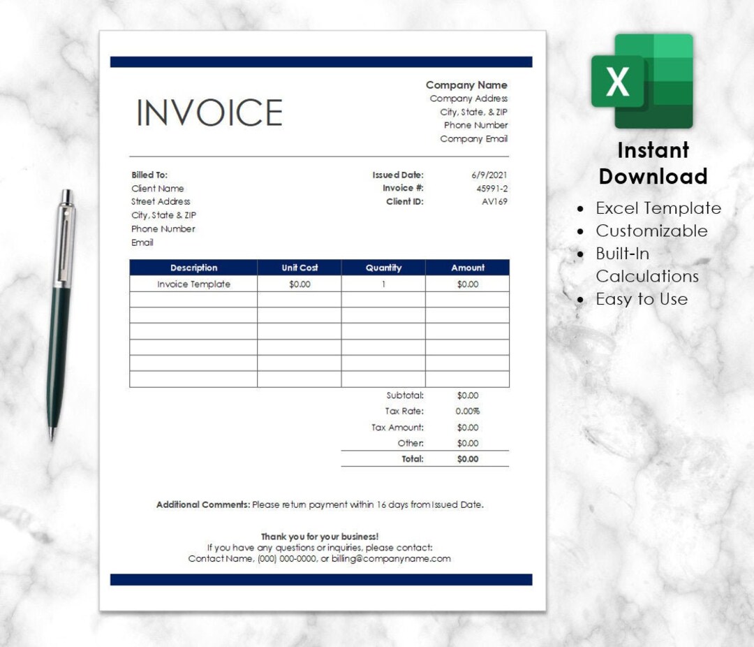MS Excel Invoice Template Spreadsheet - Etsy