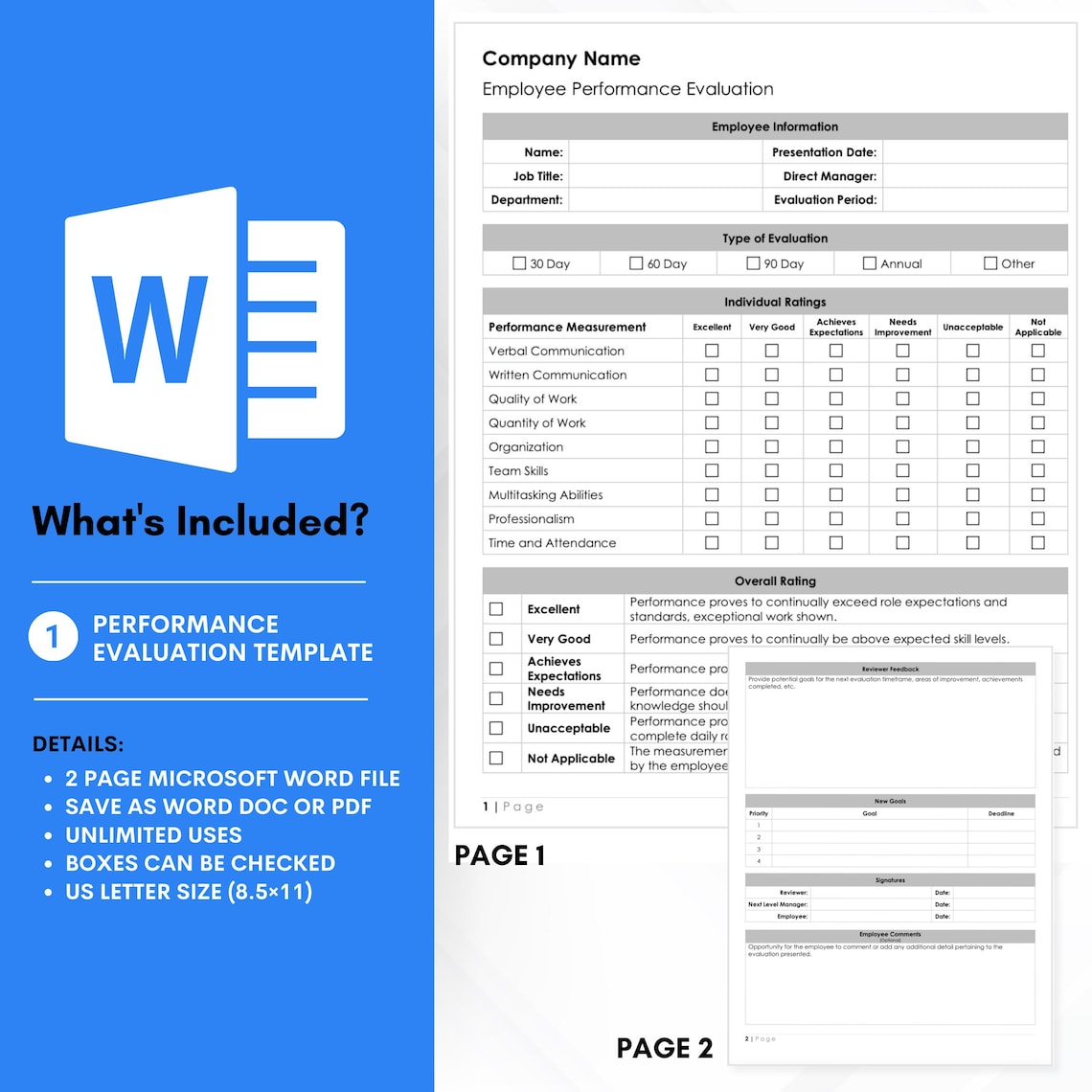 MS Word-employee Performance Evaluation Template - Etsy