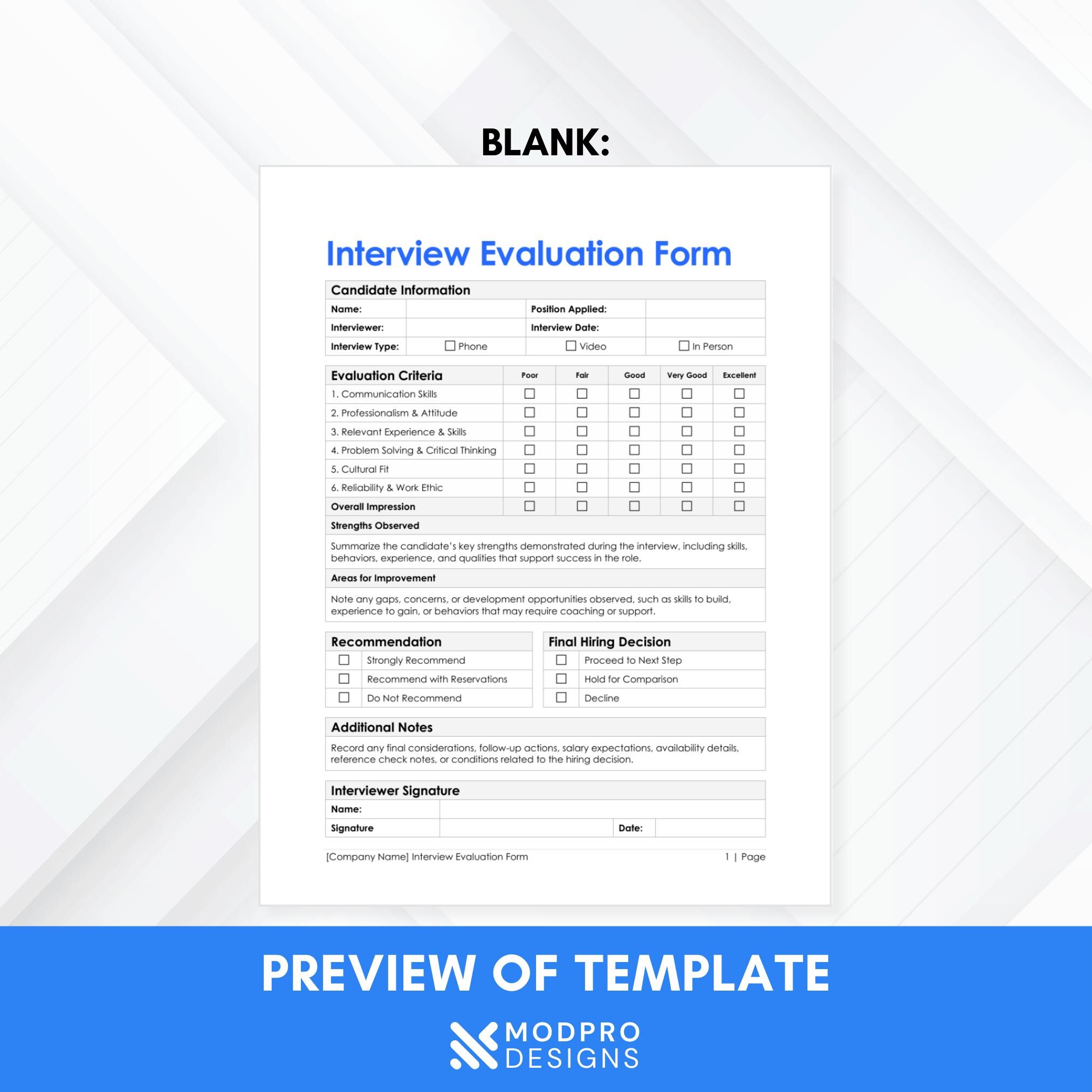 Interview Evaluation Form Template | Hiring Assessment Sheet ...