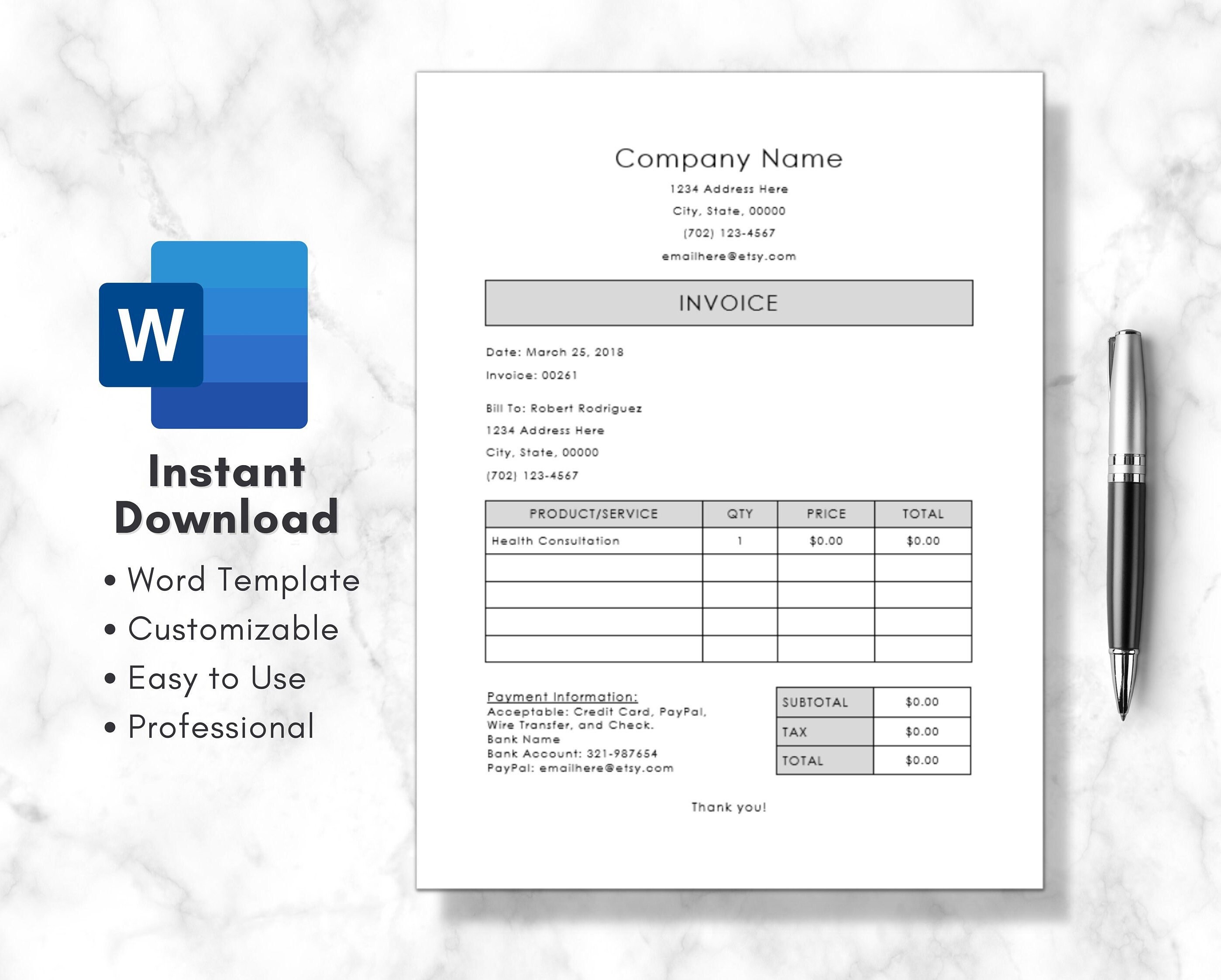 MS Word-invoice Template - Etsy