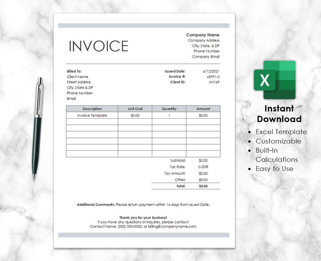 MS Excel Invoice Template Spreadsheet - Etsy