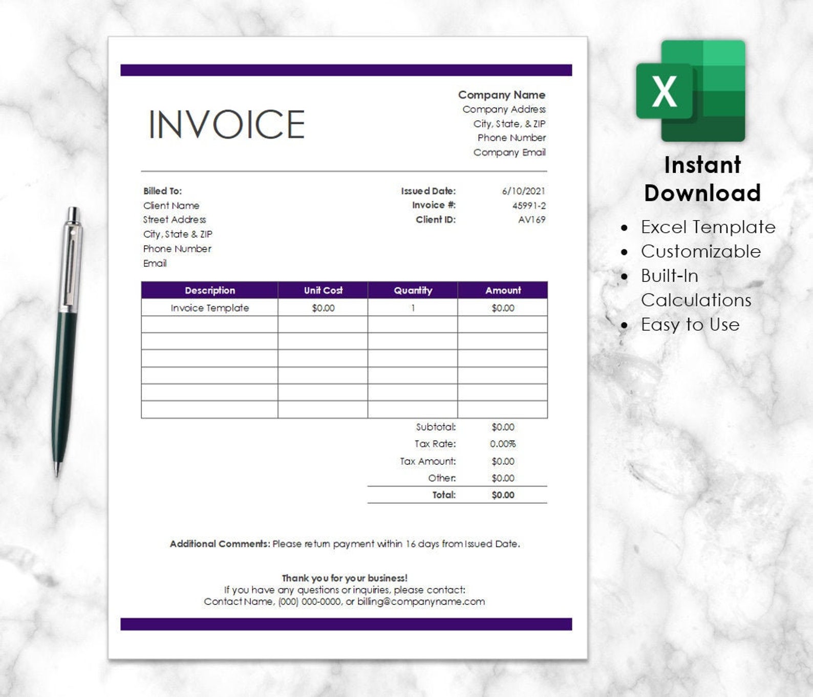 MS Excel Invoice Template Spreadsheet - Etsy