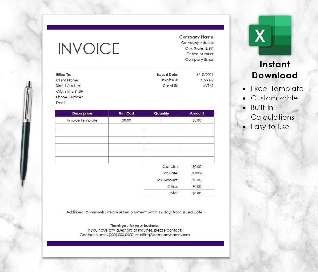 MS Excel Invoice Template Spreadsheet - Etsy