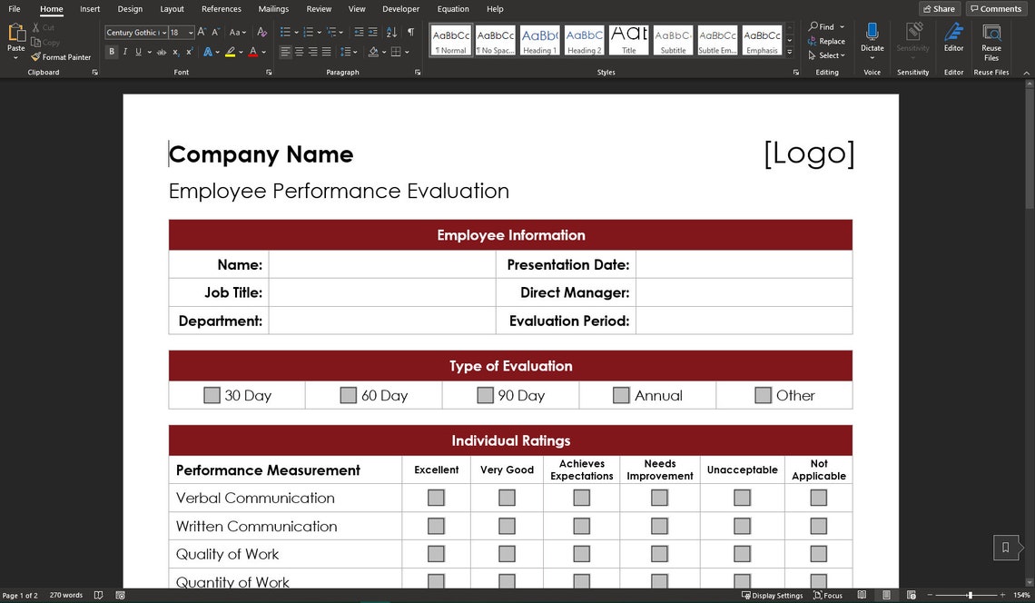 MS Word-employee Performance Evaluation Template - Etsy