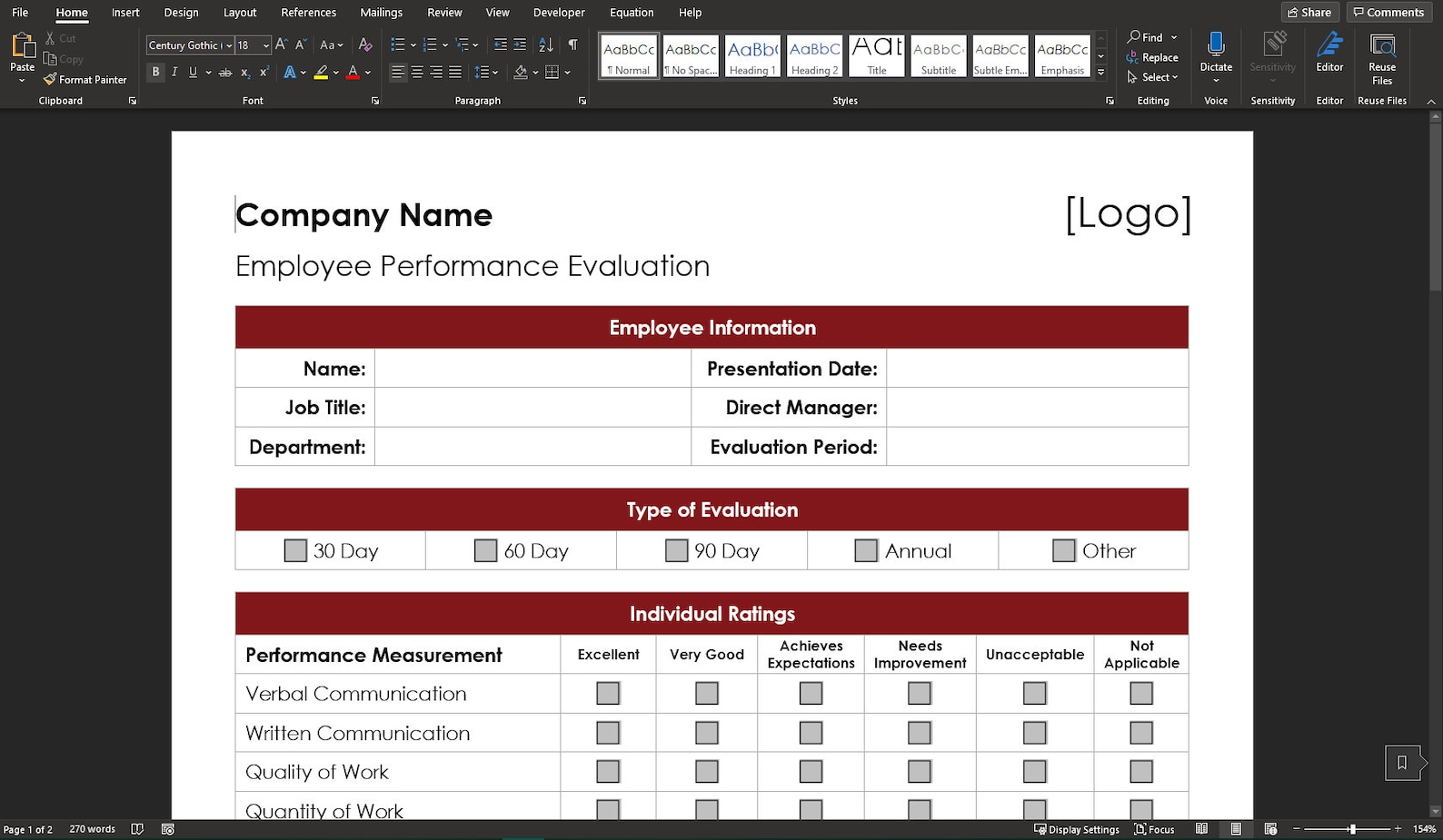 MS Word-employee Performance Evaluation Template - Etsy