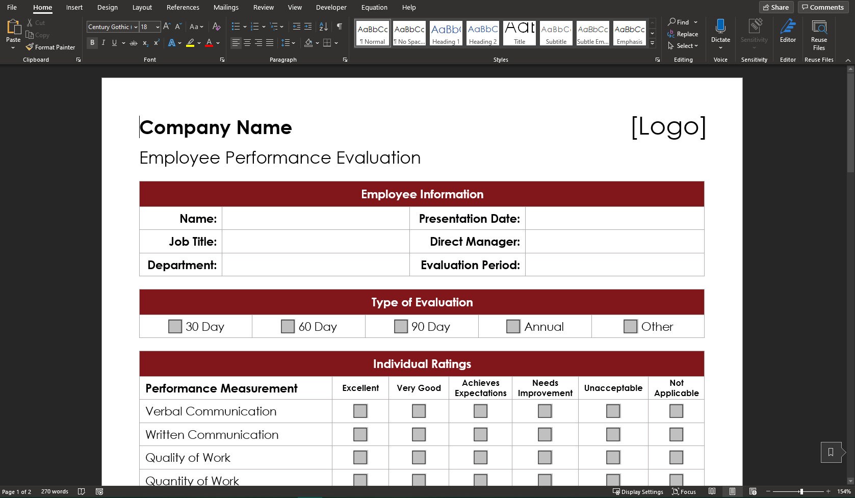 MS Word-employee Performance Evaluation Template - Etsy