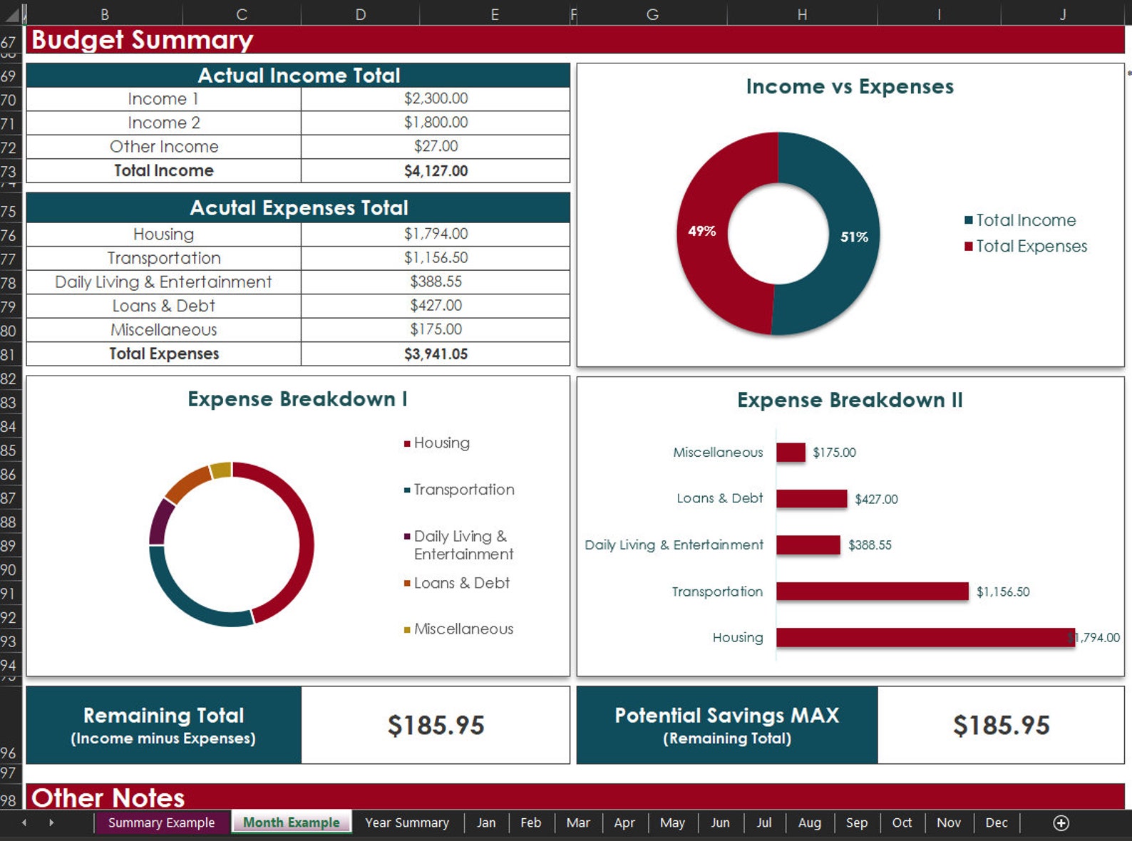 Personal Budget Excel Template - Month & Year Summaries 3 - Etsy