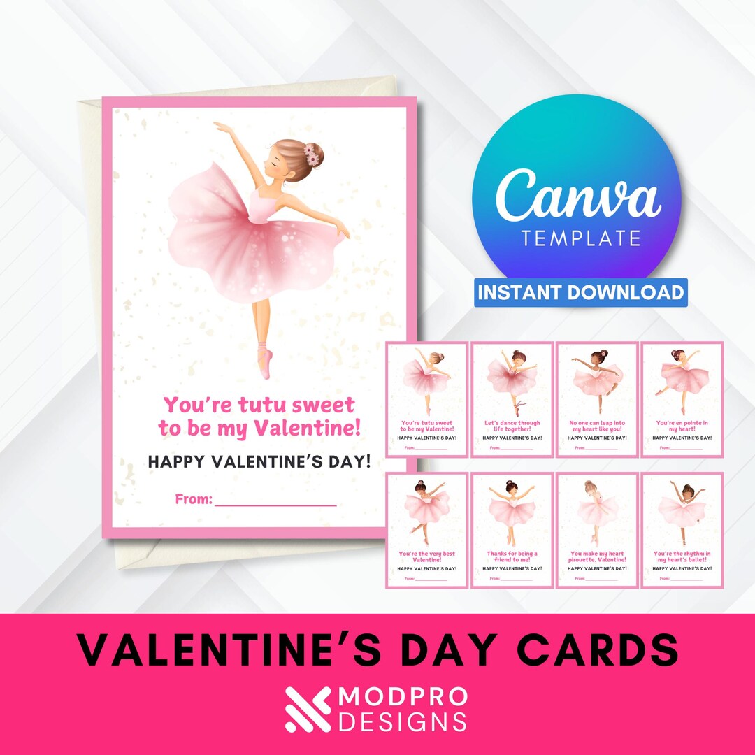 Ballerina Valentine’s Day Cards (digital Download Canva Template Invite ...