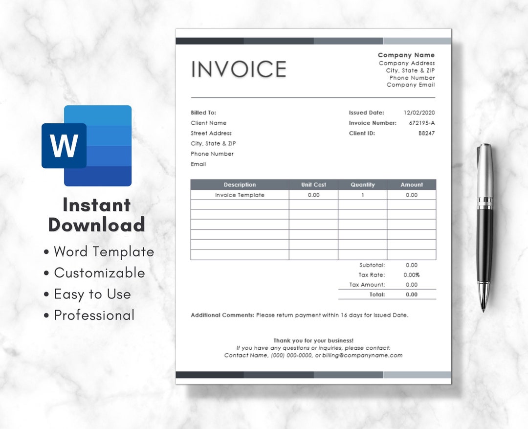 MS Word-invoice Template - Etsy