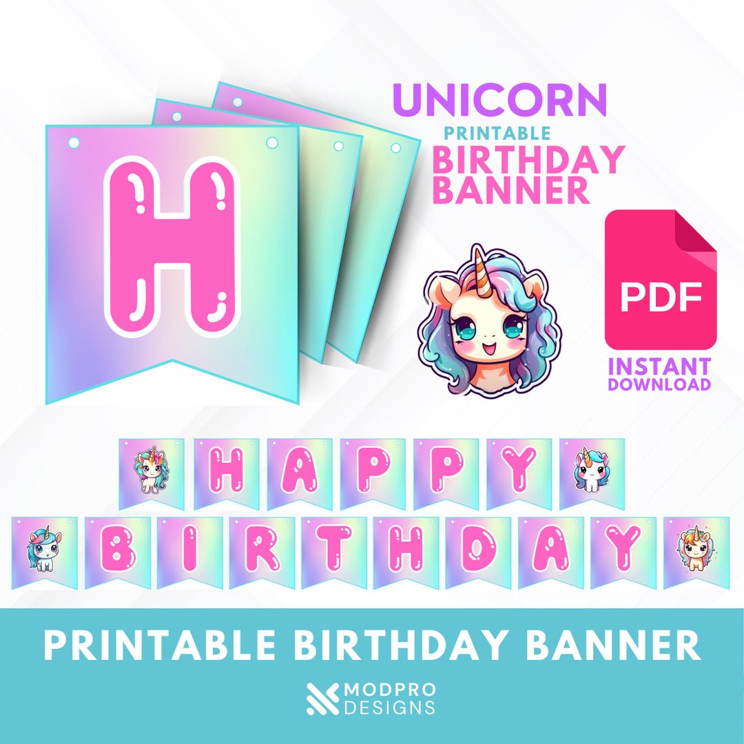 Unicorn Happy Birthday Banner: Printable Party Decor (PDF) - Etsy