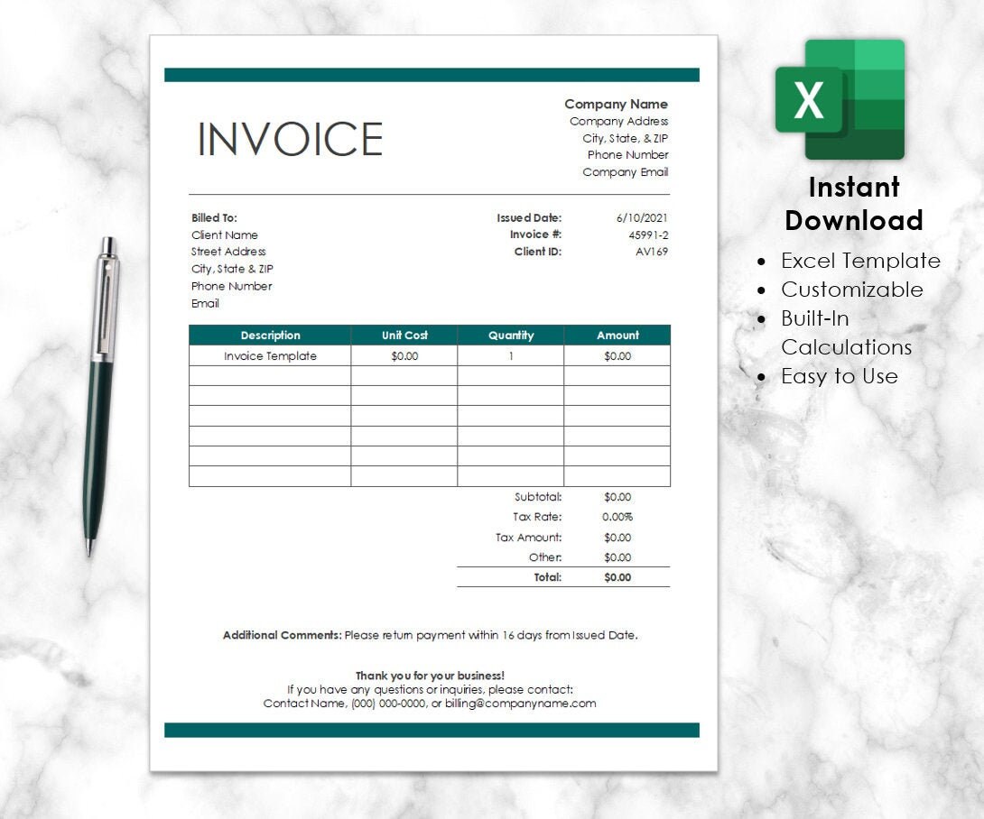 MS Excel Invoice Template Spreadsheet - Etsy