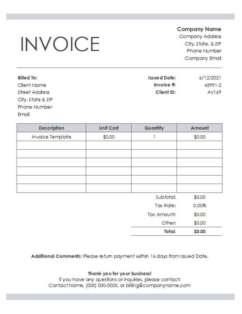 MS Excel Invoice Template Spreadsheet - Etsy