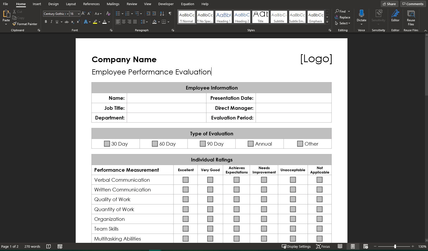 MS Word-employee Performance Evaluation Template - Etsy