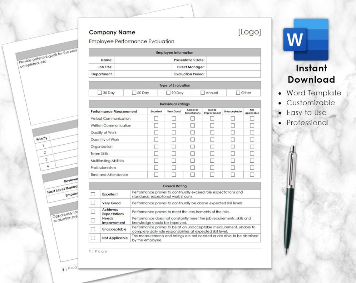 MS Word-employee Performance Evaluation Template - Etsy