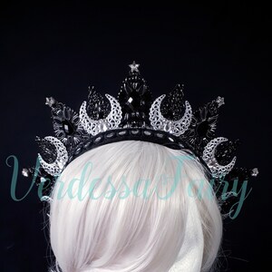 Moon Goddess Crown. Stars and Moon Tiara. Gothic Black and Silver Crown ...