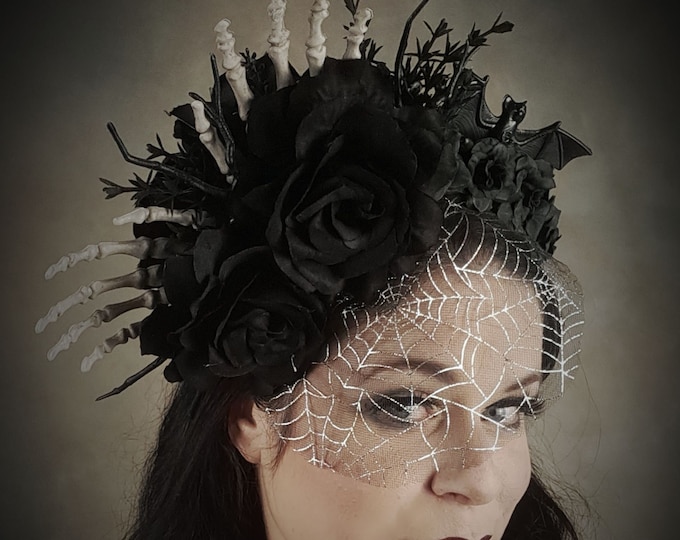 Black Veil Halloween Headpiece. Bat and Skeleton Gothic Headpiece. Web ...