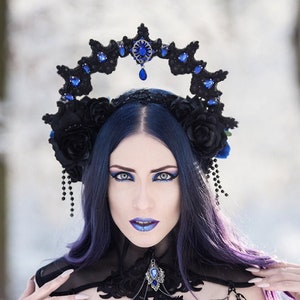 Gothic Lace Halo Crown With Beads. Black and Blue Elevated Halo ...