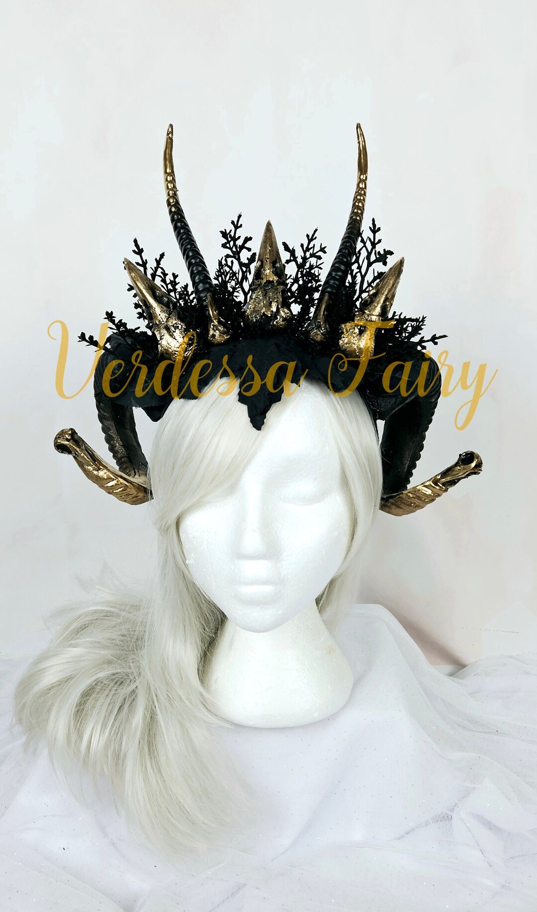 Double Horns Headdress With Crow Skulls. Black and Gold Horned Gothic ...