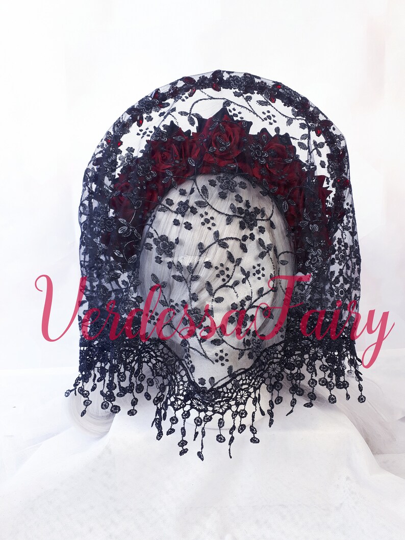 Gothic Bride Headpiece. Vampire Queen Crown. Red Rose and Black Veil ...