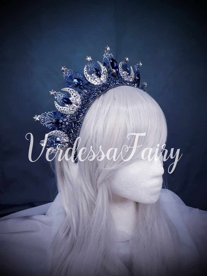 Moon Goddess Crown. Stars and Moon Tiara. Gothic Blue and Silver Crown ...
