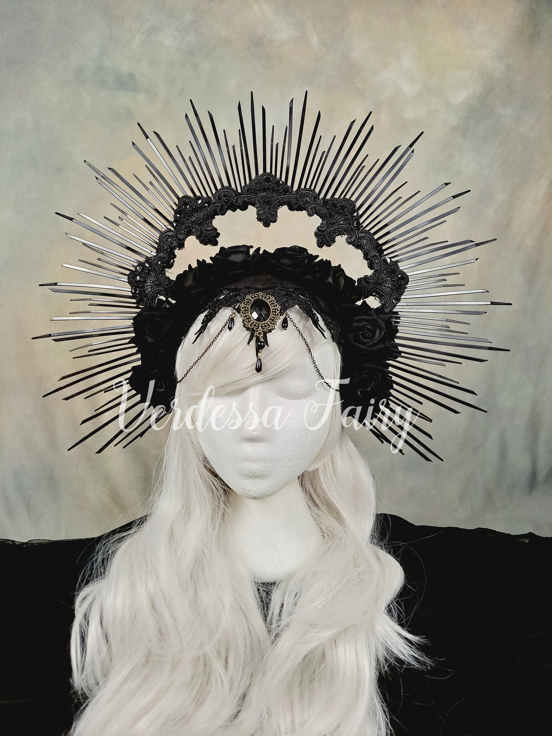 Gothic spiked halo crown with lace. Black rose elevated halo | Etsy