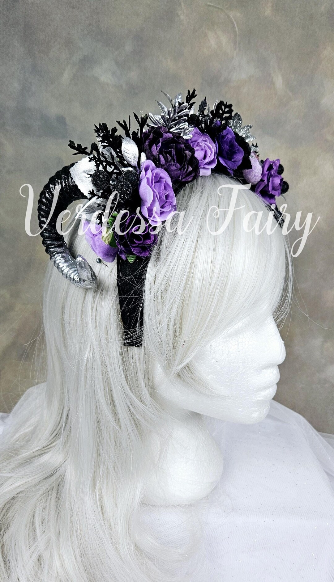 Gothic Black and Purple Mini Ram Horns Headpiece, Dark Fairy Crown With ...