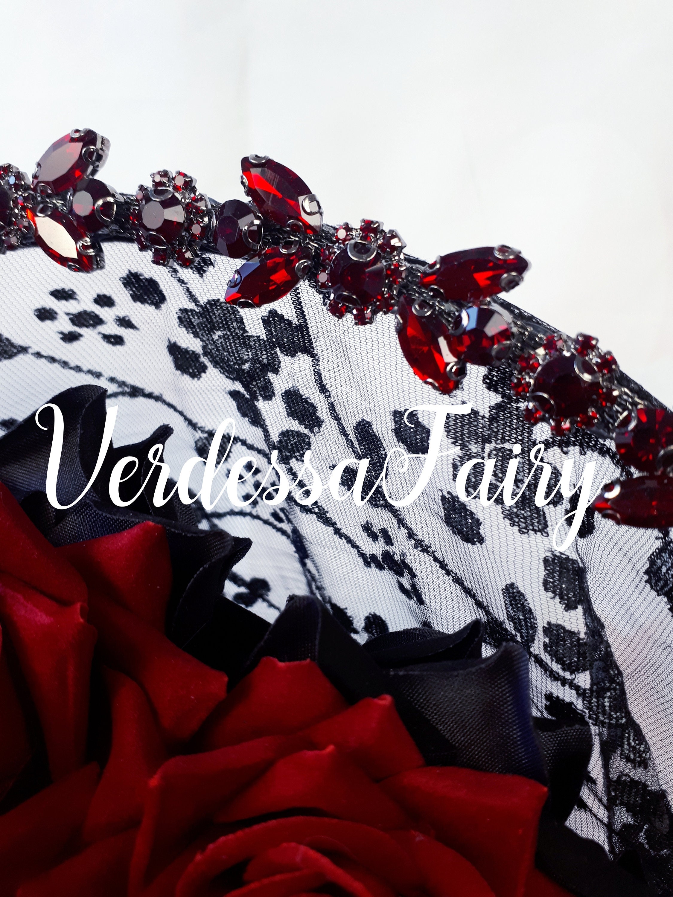 Gothic Bride Headpiece. Vampire Queen Crown. Red Rose and Black Veil ...