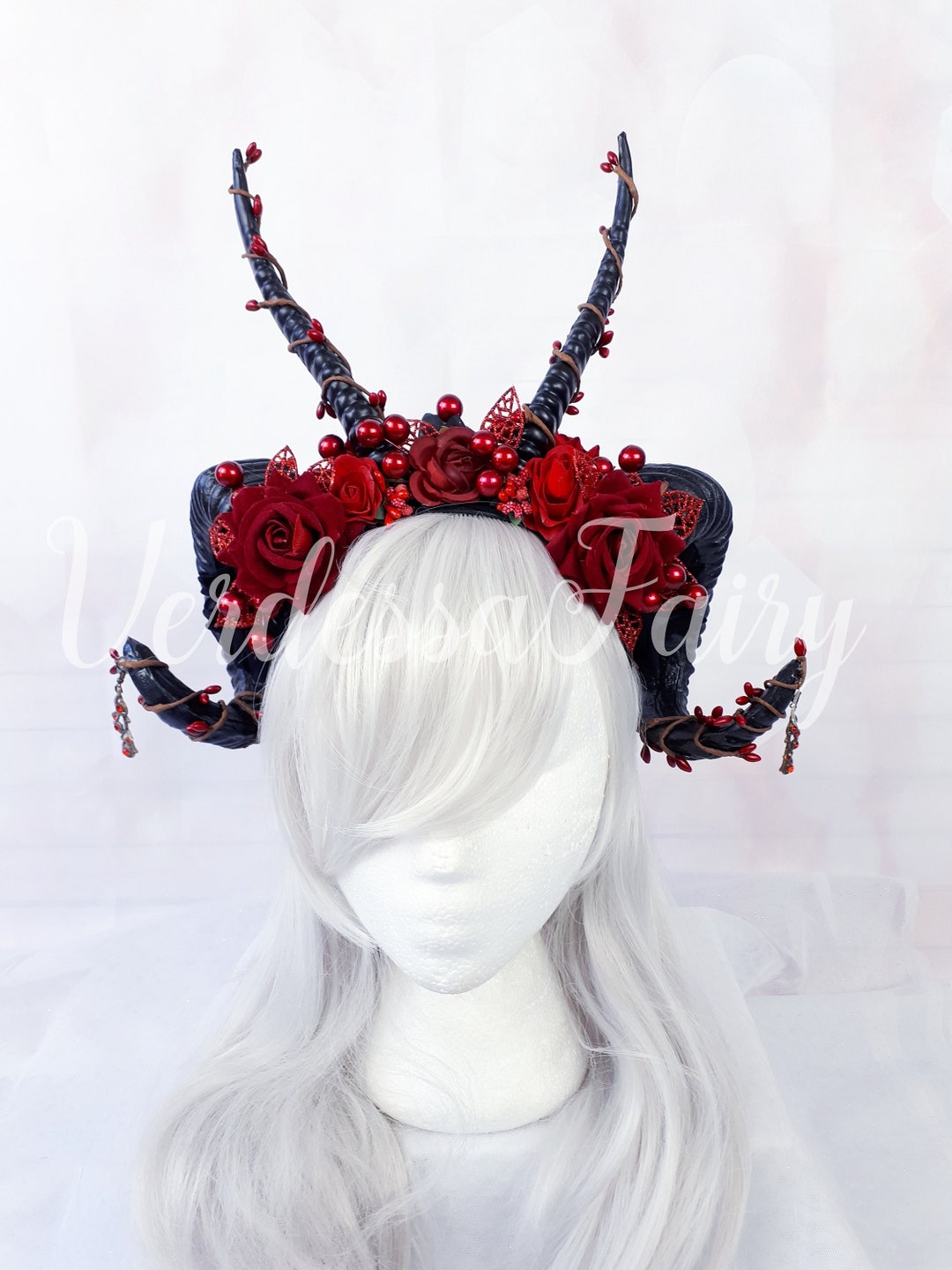 Double Horns Fantasy Headdress. Ram Horn Headpiece With Red Roses ...