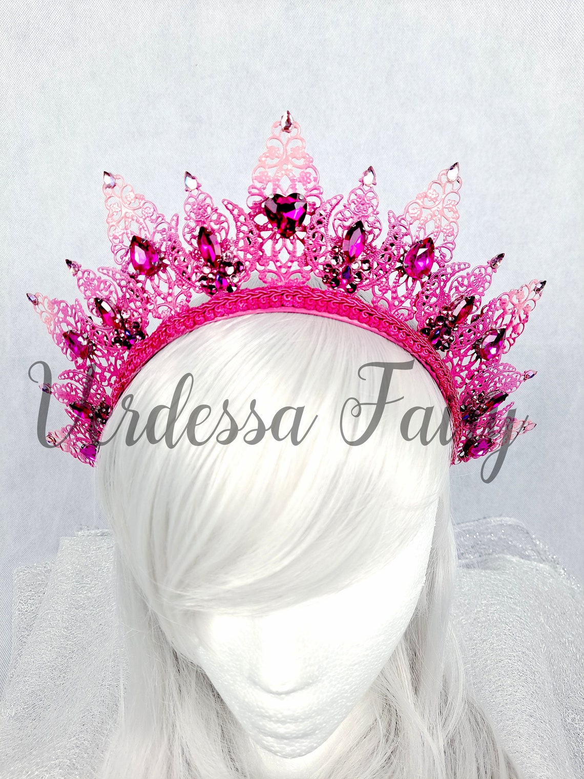 Barbie pink sparkly crown. Pink metal lace crown. Pink ombre | Etsy