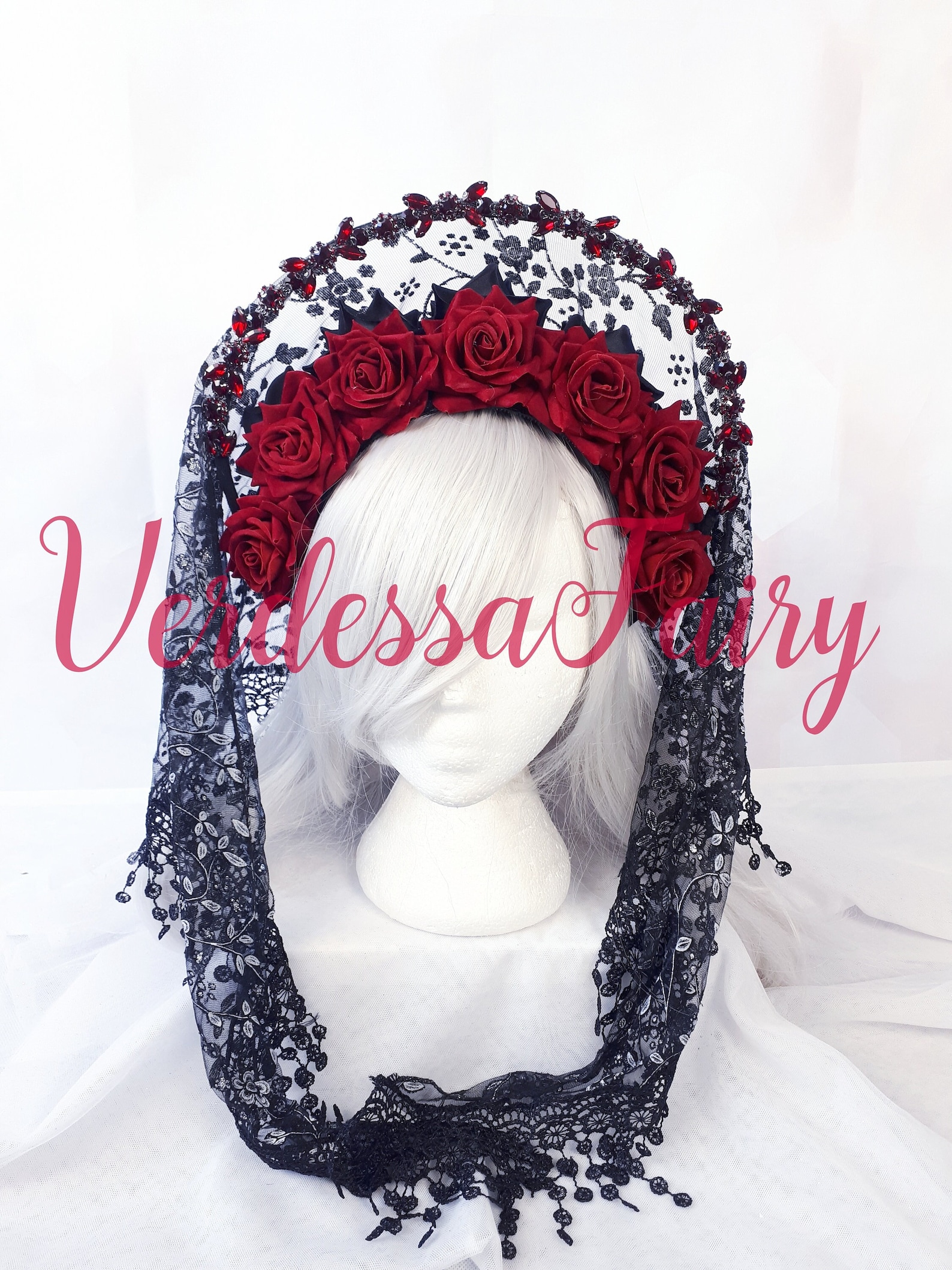 Gothic Bride Headpiece. Vampire Queen Crown. Red Rose and Black Veil ...
