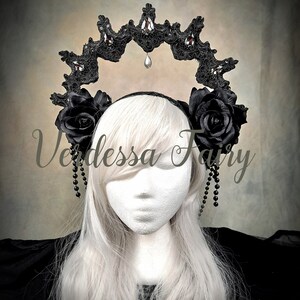 Gothic Lace Halo Crown With Beads. Black Elevated Halo Headpiece ...