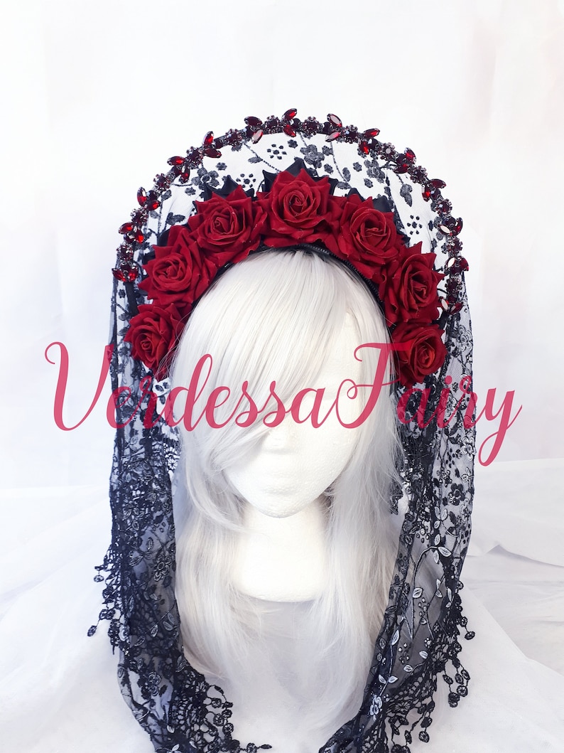 Gothic Bride Headpiece. Vampire Queen Crown. Red Rose and Black Veil ...