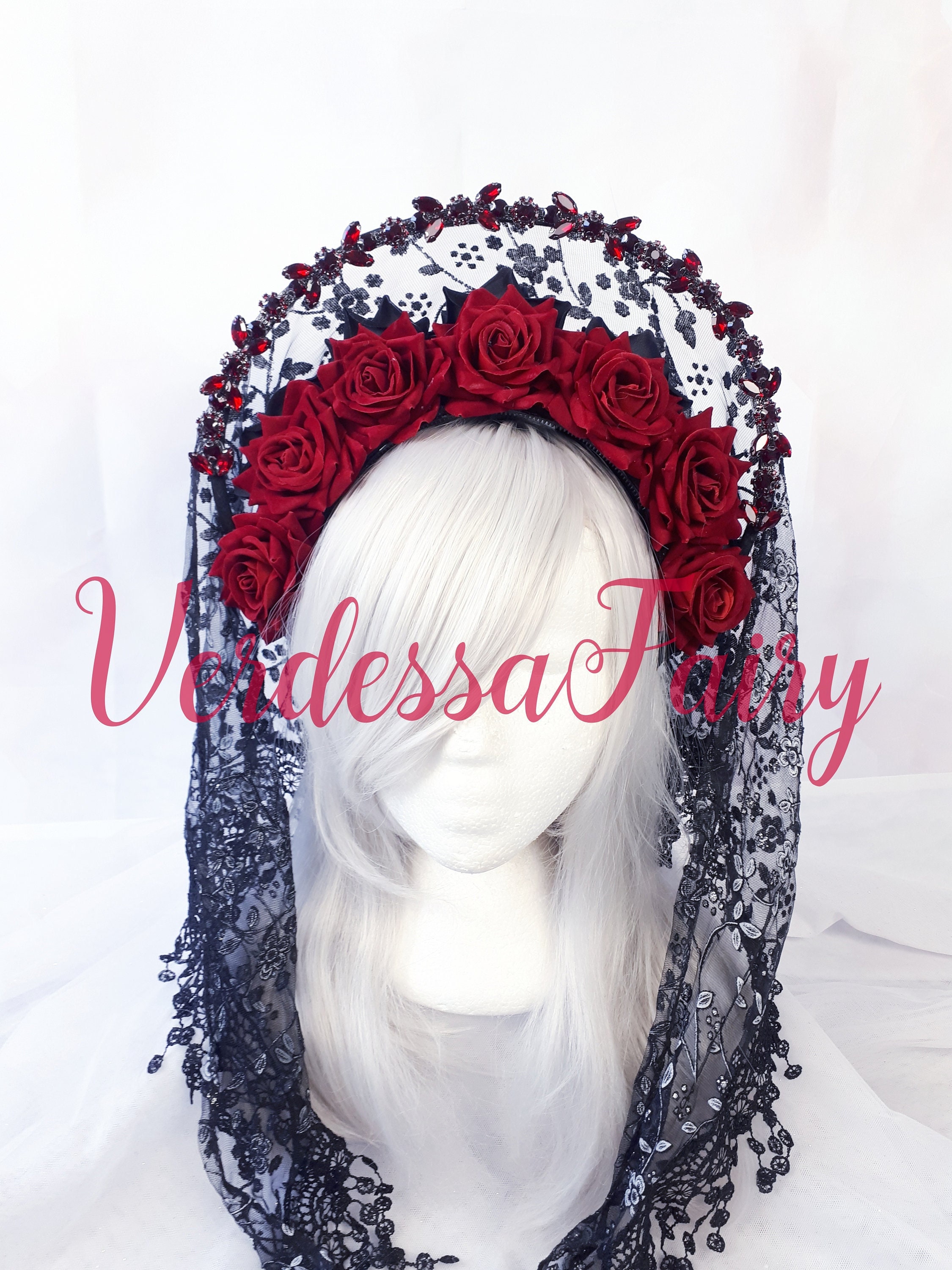 Gothic Bride Headpiece. Vampire Queen Crown. Red Rose and Black Veil ...
