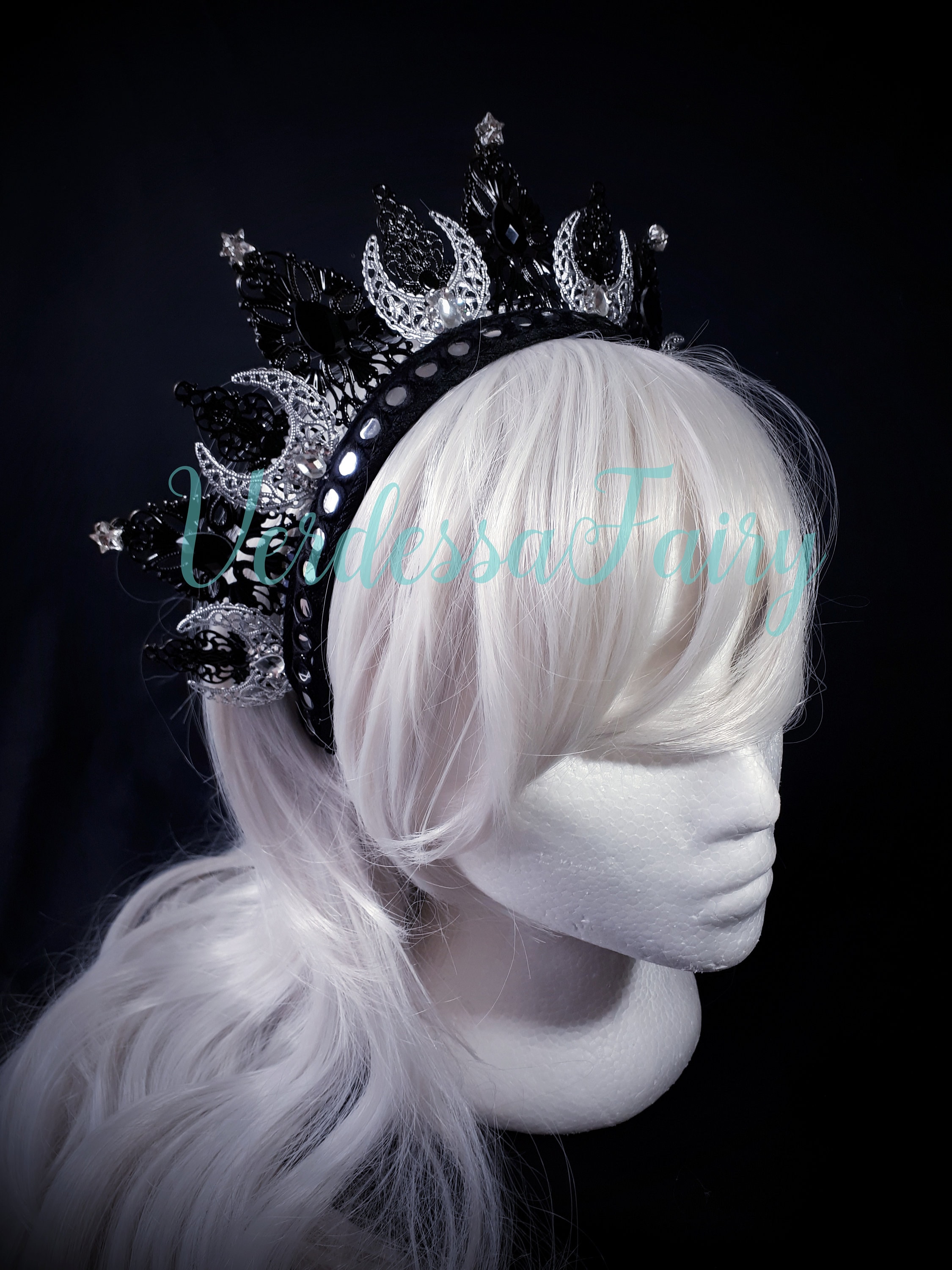 Moon Goddess Crown. Stars and Moon Tiara. Gothic Black and Silver Crown ...